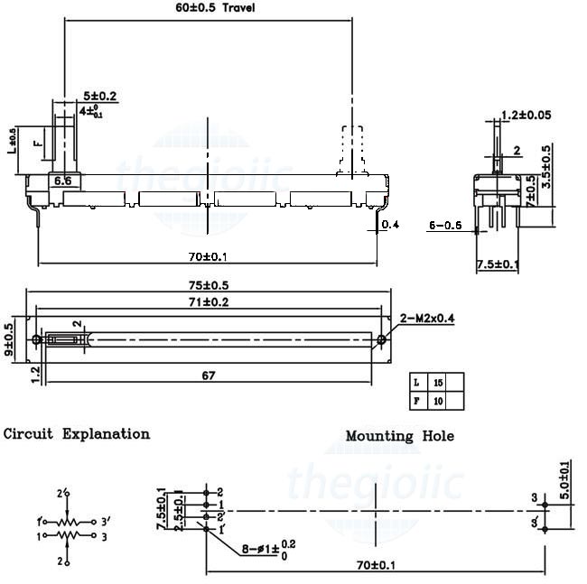 B10K-103 Biến Trở, Chiết Áp Trượt Thẳng 2 Kênh 10 KOhm 0.25W
