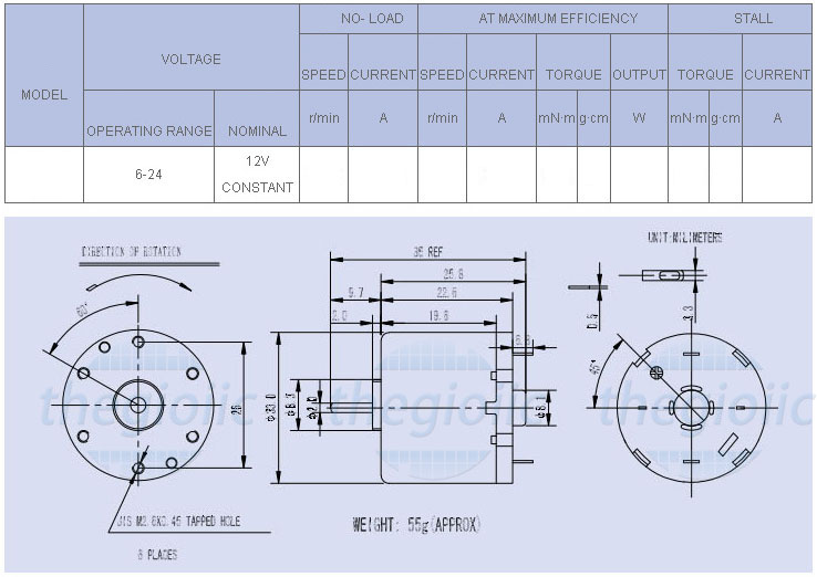 RC520 Động Cơ DC 12VDC, 6000 rpm, Trục 2mm